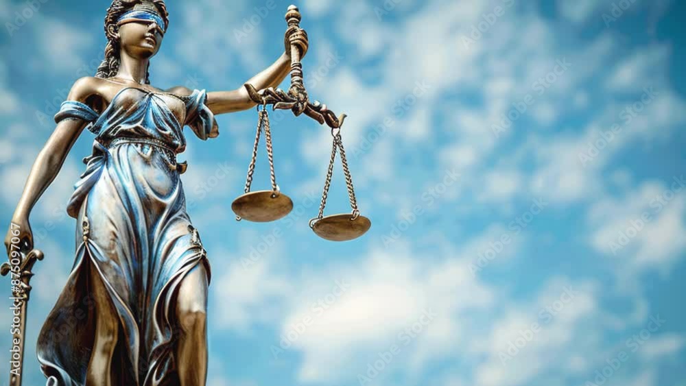 Statue of Lady justice, Themis sculpture over clear blue sky with copy ...