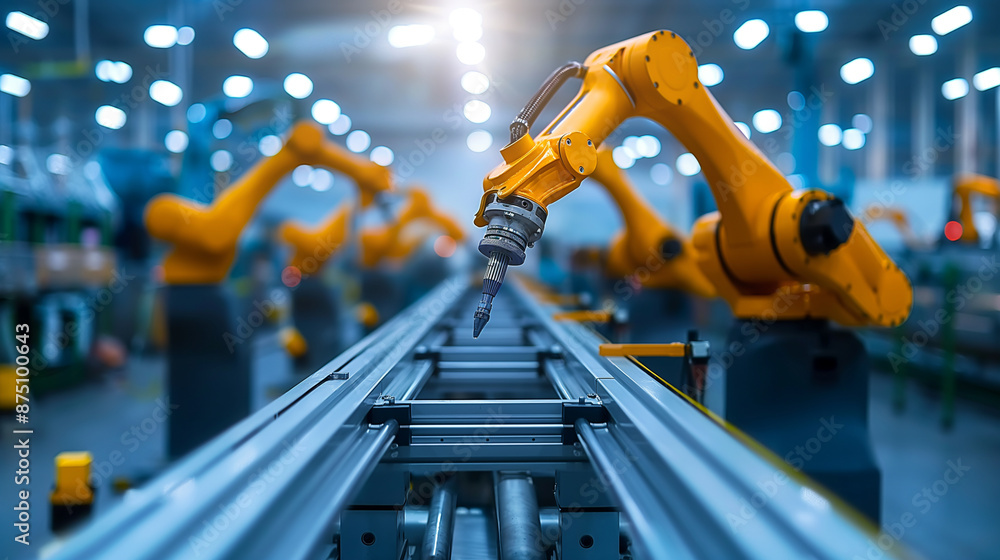 Assembly line with AI-controlled machines optimizing production, bright lights and streamlined ...