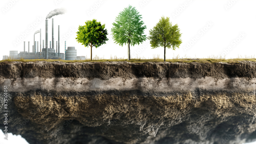 Industrial plant with smokestacks and four trees representing stages of ...