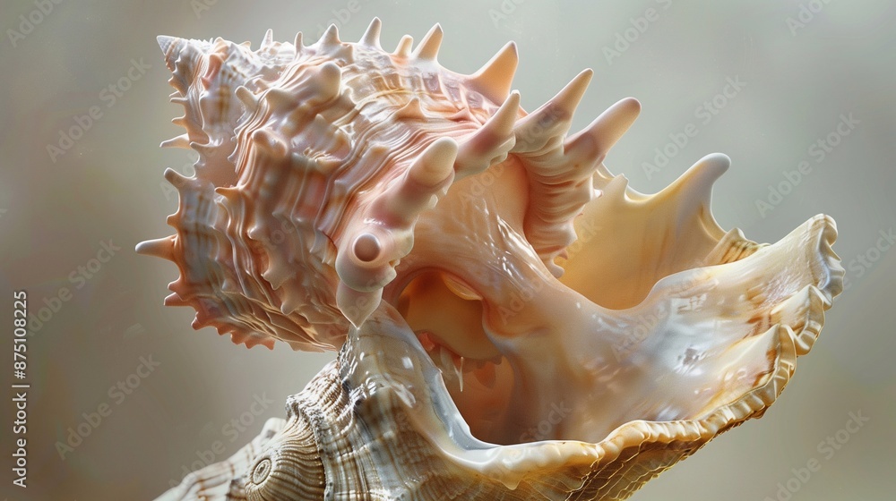 Detailed closeup of a conch shell reveals its intricate structure and ...