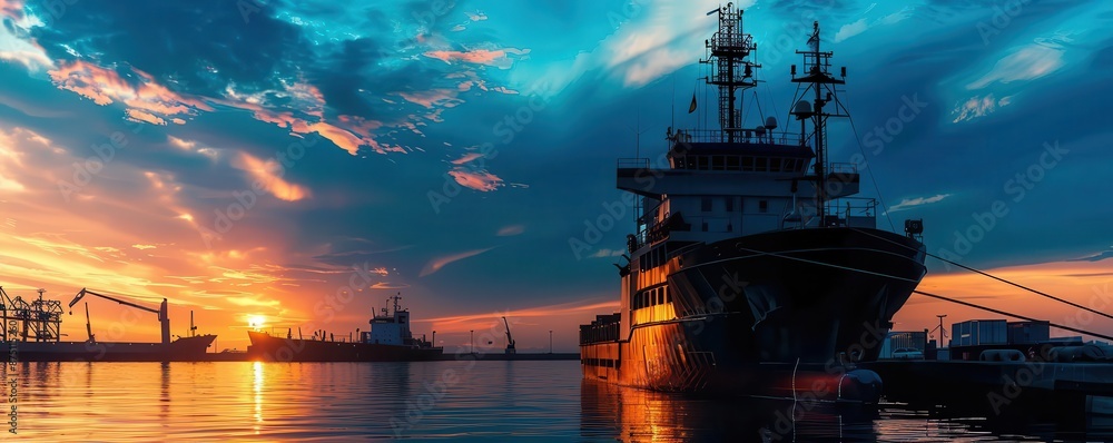 Silhouette of a cargo ship in port at dusk, logistics theme, high ...