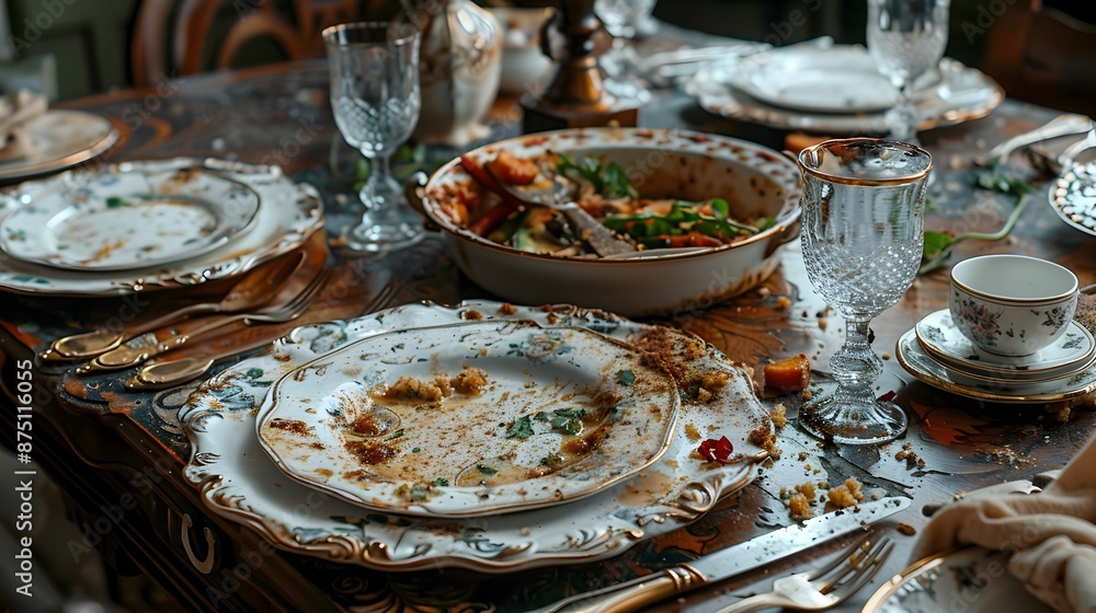 Smeared Leftovers on Luxurious Dining Table with Fancy China and ...