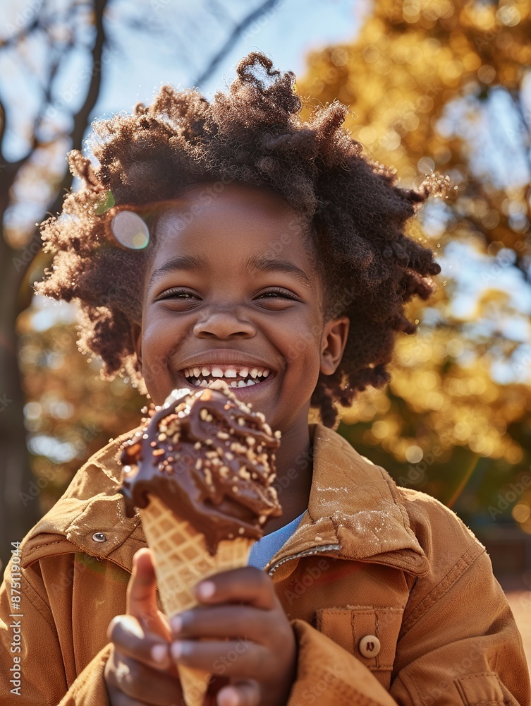 Joyful child savoring a chocolate ice cream cone on a bright sunny day ...