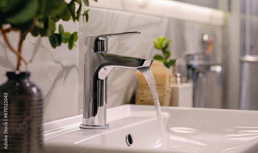 Clear water flows gracefully from an open faucet. The gentle flow of ...