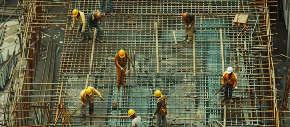 Workers building a circular scaffold structure, surrounded by trees ...