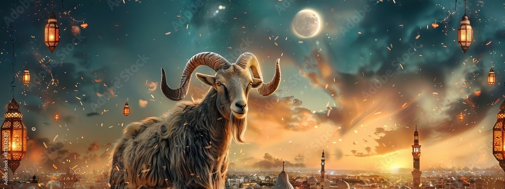 An impressive goat with horns stands in front of an Arabic city, the crescent moon is shining ...