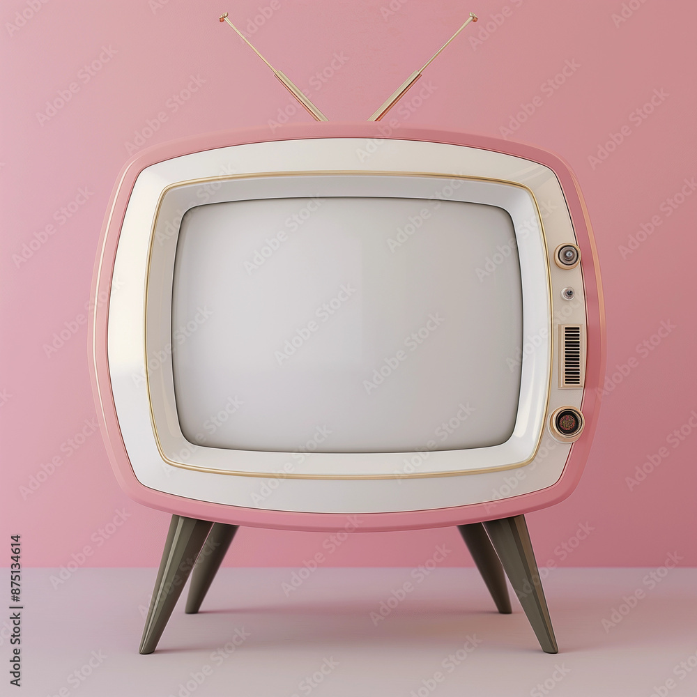 Retro curve pinkwhite television mockup blank empty screen midcentury ...