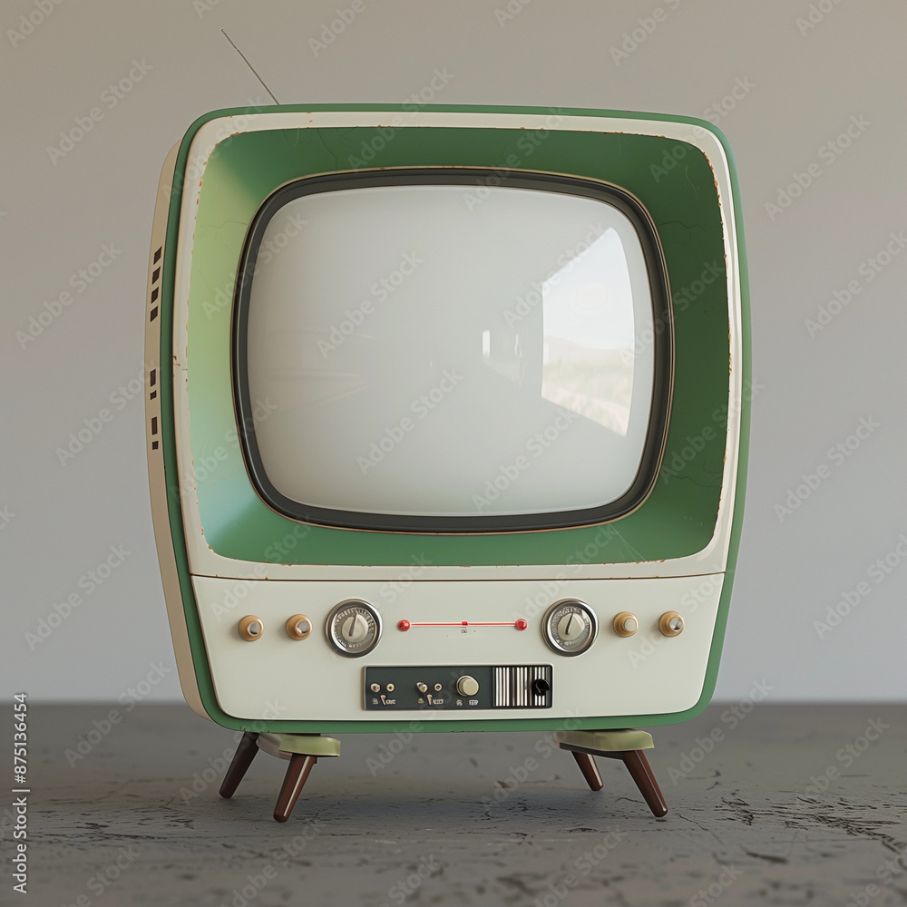 Retro gree white television mockup blank empty screen midcentury modern ...