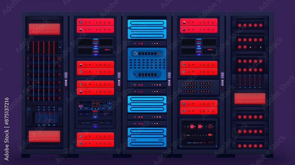 Stylish networking illustration with routers, switches, and data ...
