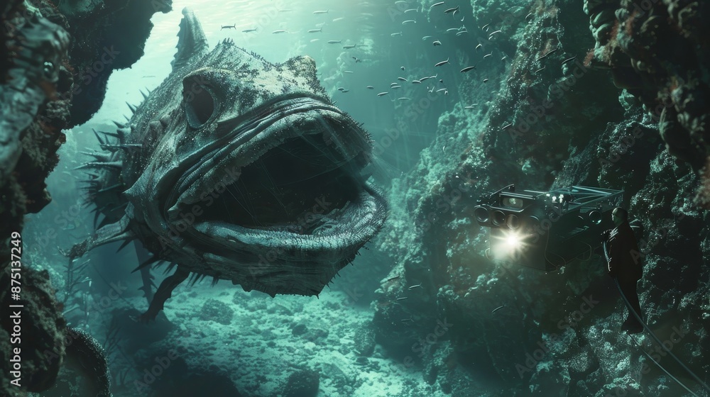 Submarine shaped like a giant fish exploring an underwater cave AI ...