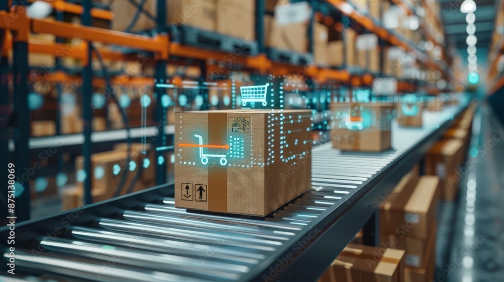 Automatic logistics management. smart packaging into the warehouse ...