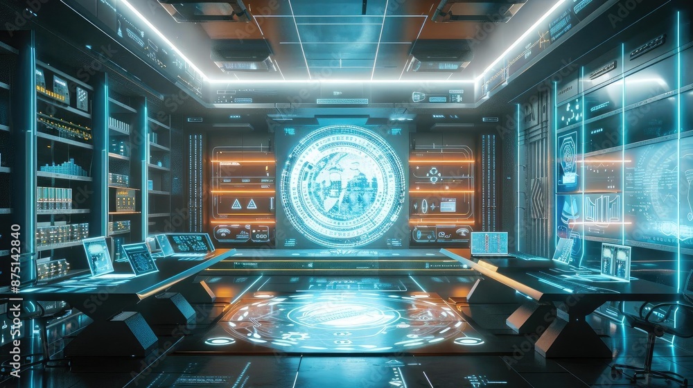 Futuristic sci-fi control room with holographic displays, advanced ...