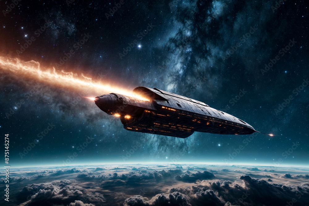 Space scenery of new cosmic craft ship flying to future planets ...