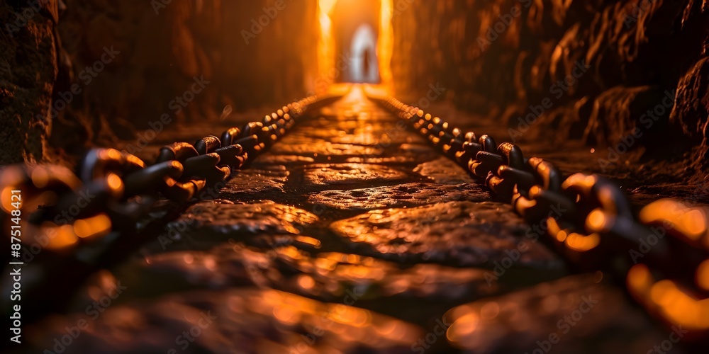 Medieval castle dungeon with prisoner in iron chains in dark damp ...