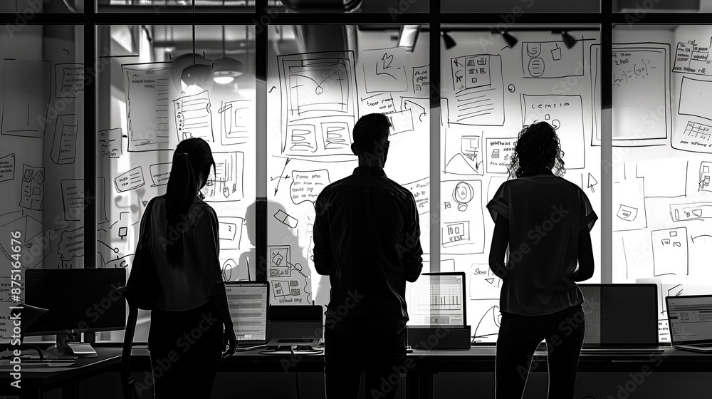 Black and white storyboard sketch of three people standing in front of ...