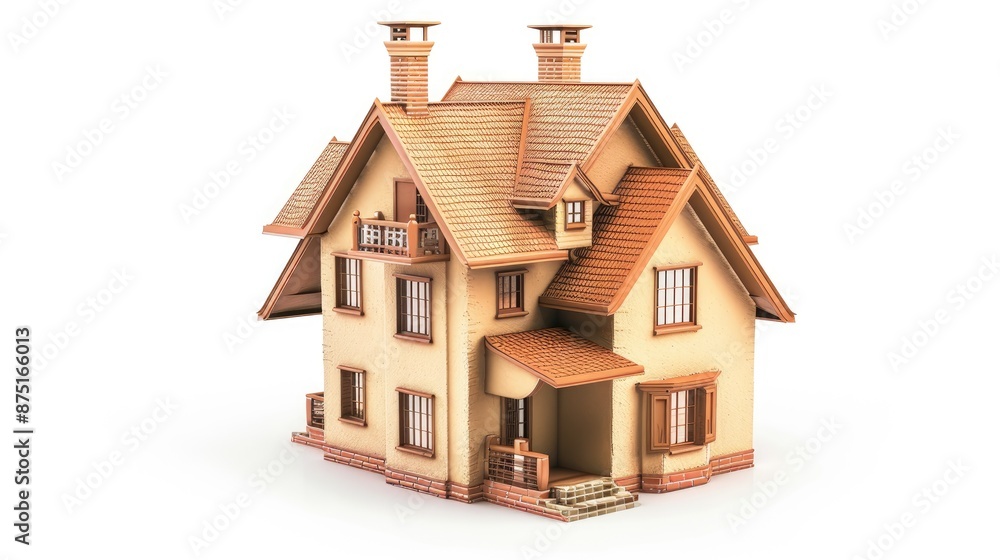 A detailed miniature model of a two-story house with pitched roofs ...