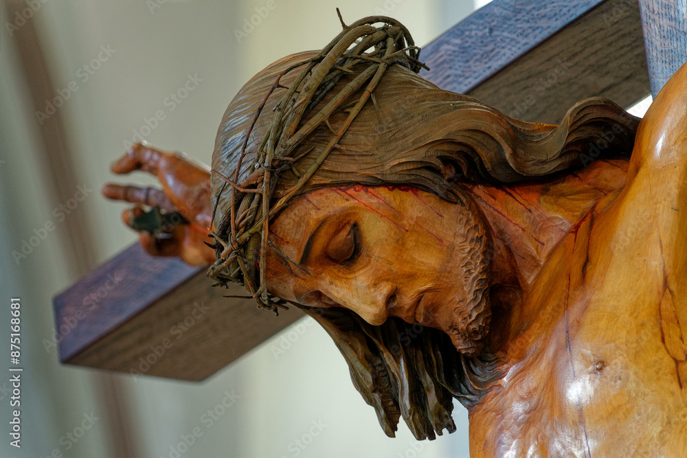 Portrait of the face of Christ crucified on the cross. Portrait du ...