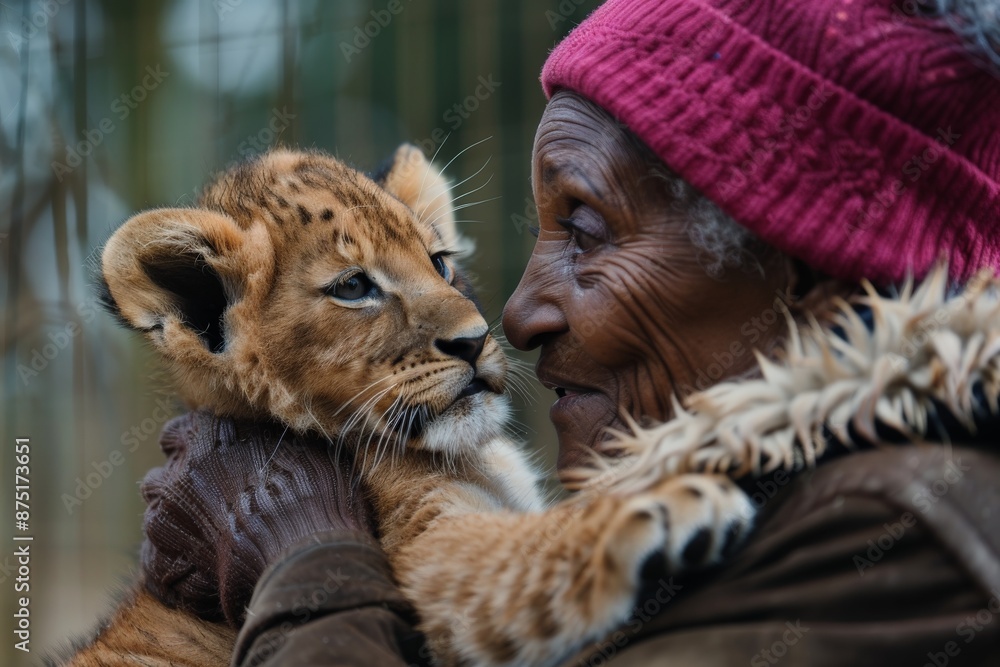 A warm moment captured between a person and a lion cub in an outdoor ...
