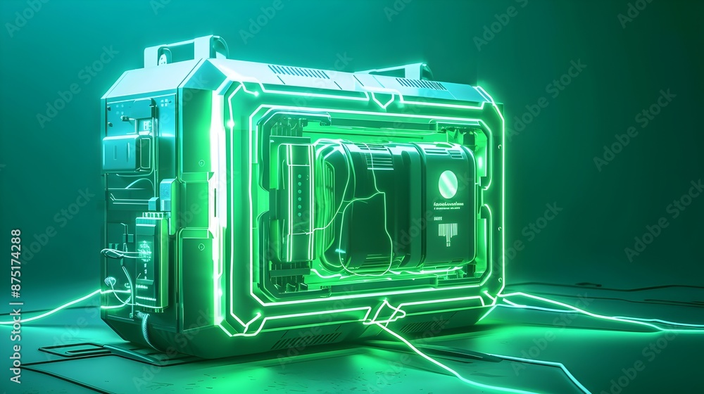 of a glowing green futuristic neon energy storage battery with a high ...