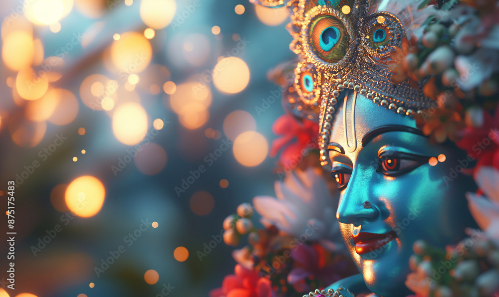 Statue of Lord Krishna adorned with flowers and jewelry, with bokeh ...