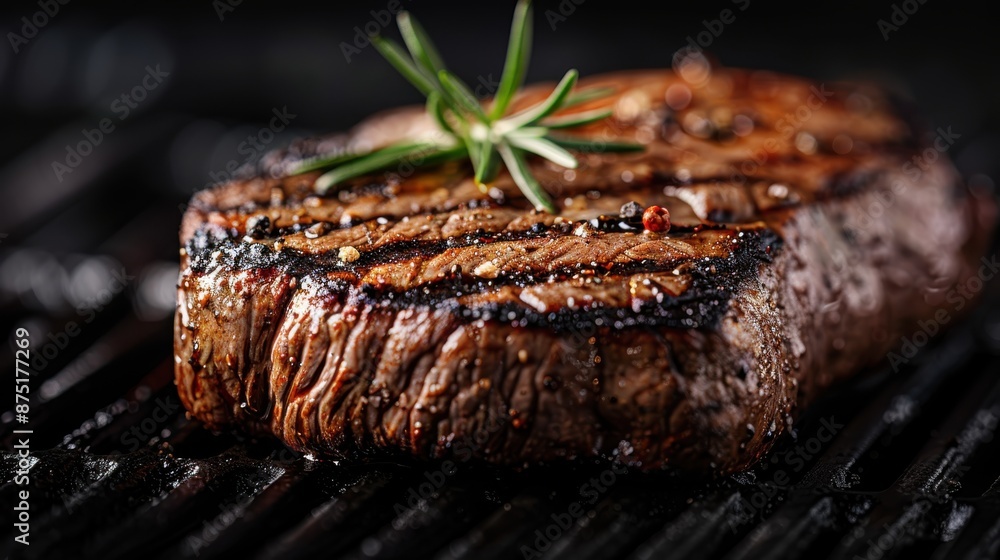 A perfectly grilled beef steak sits on a hot grill, exuding an inviting ...