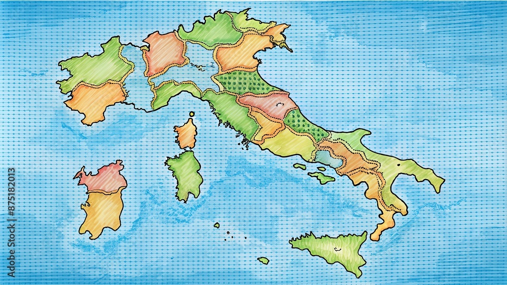Freehand doodle drawing of Italy map with regions and cities , Italy ...