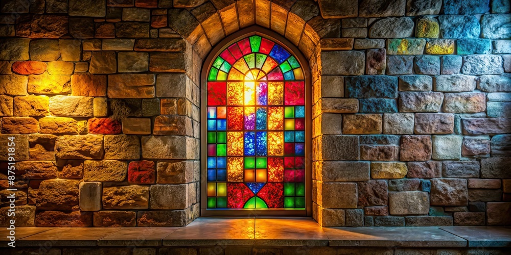Colorful stained-glass window casting glow on stone wall , stained ...