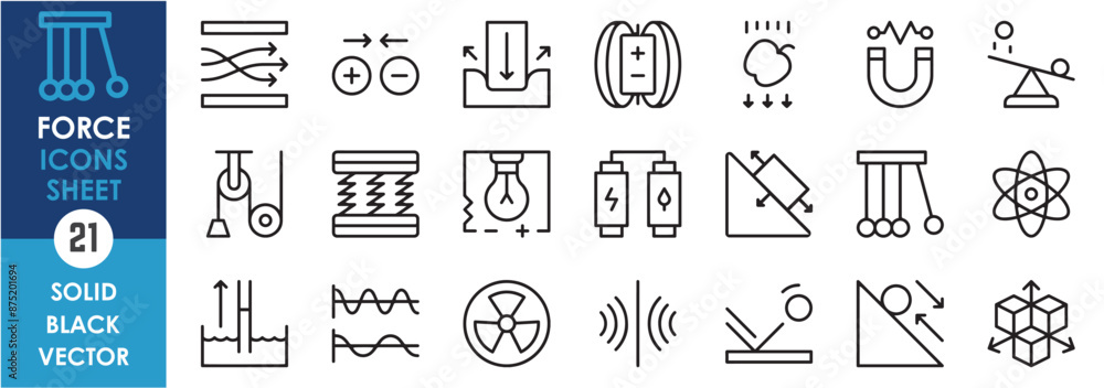 A set of line icons related to force. Physics, motion, friction ...