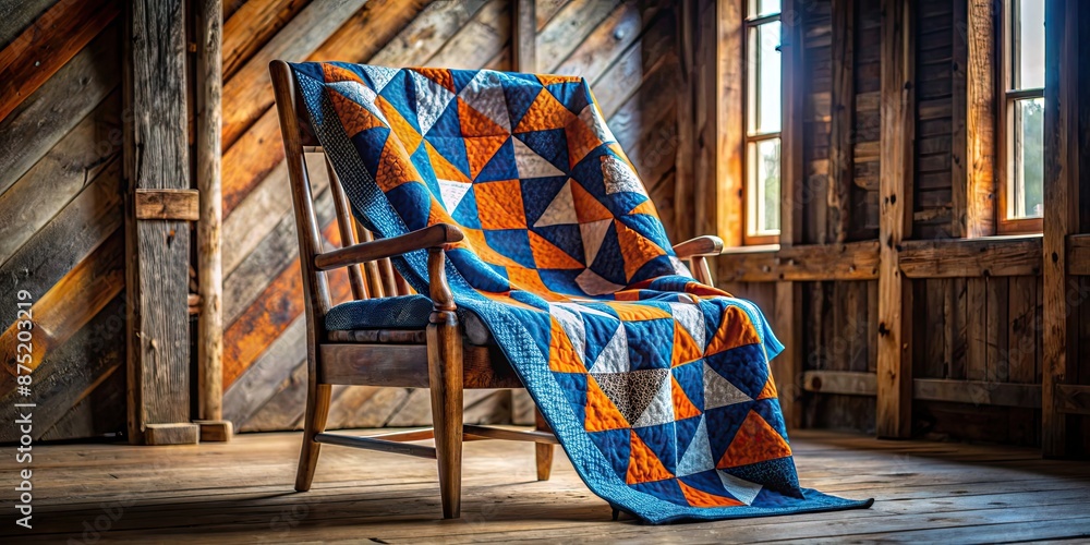 Geometric blue and orange quilt draped over chair in rustic barn ...