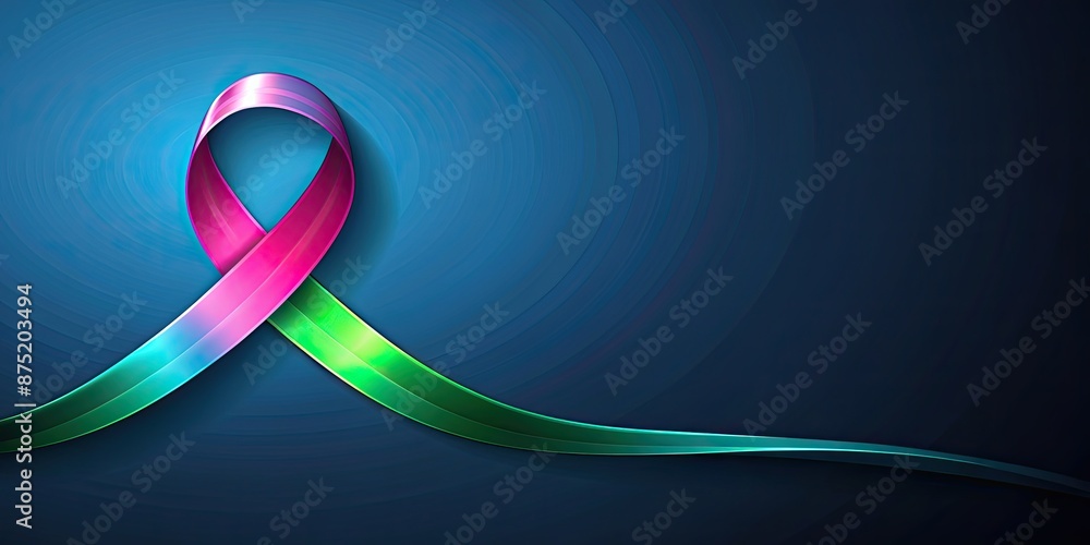 Dark blue background with a glowing pink and green ribbon flowing ...