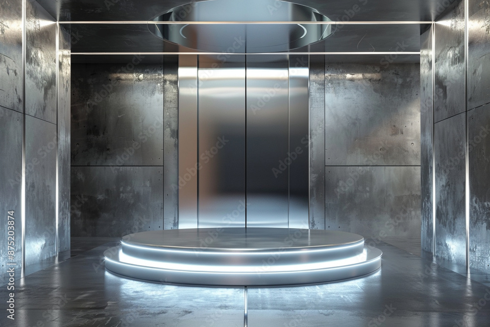 Futuristic design of an elevator cabin with mirrors with neon ...