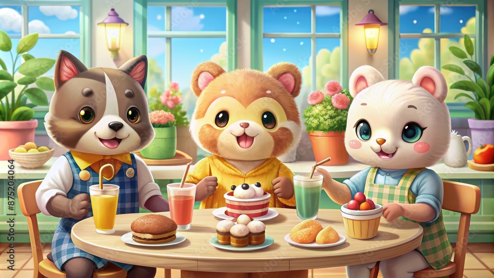 Cute animal patrons at a Popmart-themed cafe enjoying lemonade and ...