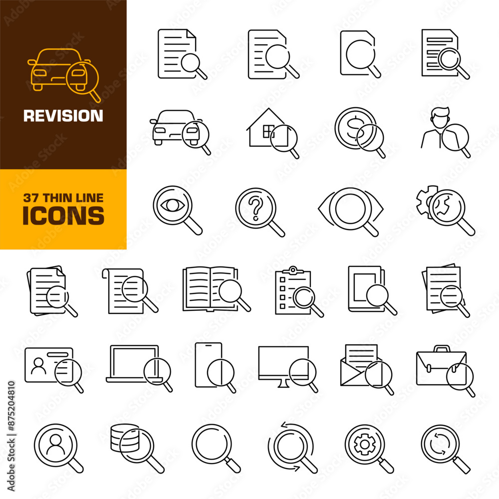 Revision icon. Revision icon set. Review icon set. Linear symbol. Stock ...