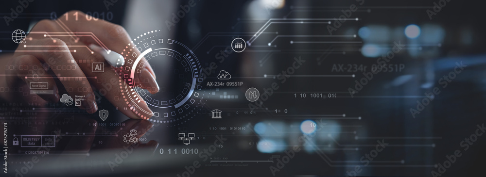 Data science, digital technology concept. Computer programmer using digital tablet with AI ...