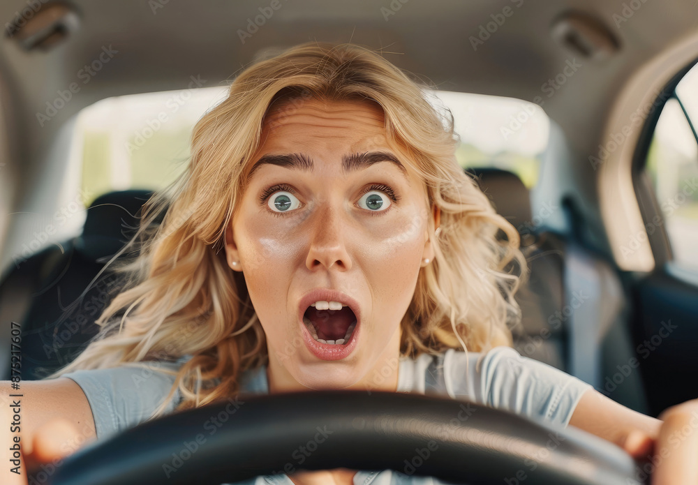 woman looking shocked while driving, with wide eyes and an open mouth ...