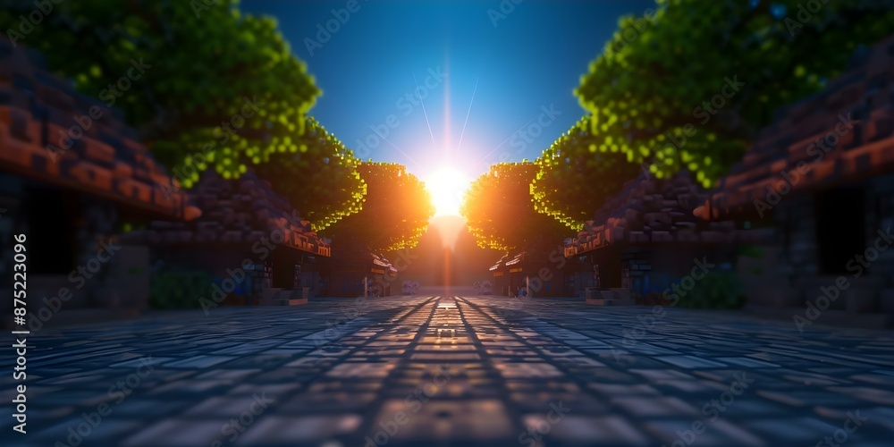 Abstract pixelated village map in a pixel art game landscape background ...