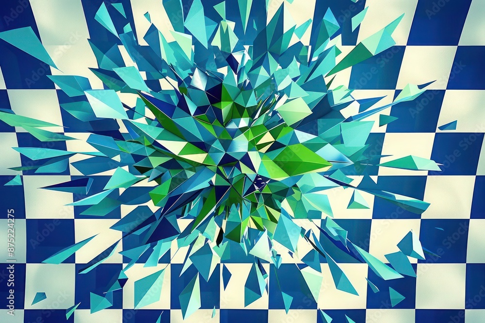 A dynamic explosion of triangles in cyan and green, bursting out from a ...