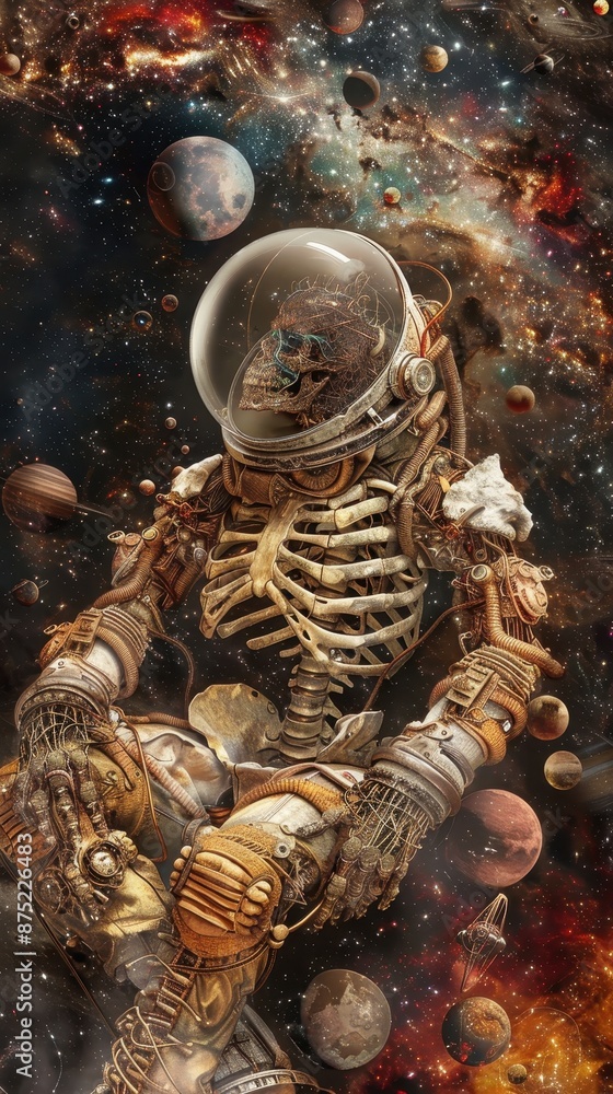 Detailed artwork of a skeletal astronaut floating in space surrounded ...