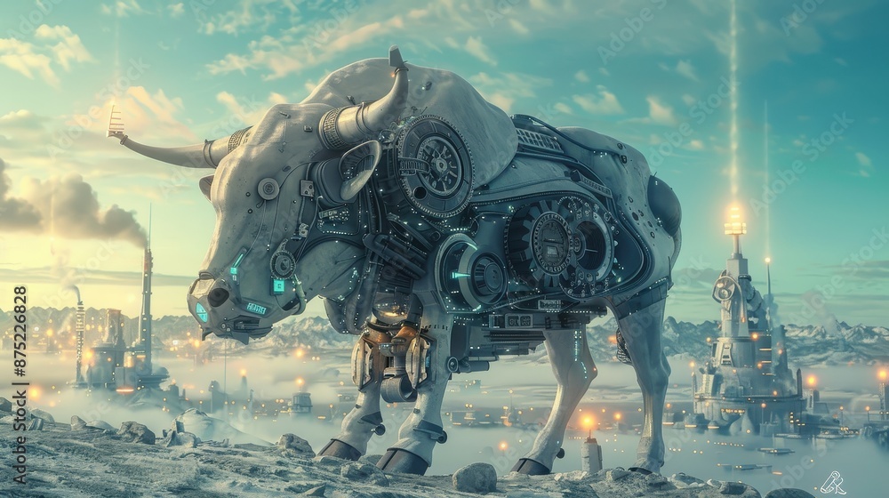 Futuristic scene with a robotic bull and a human adventurer in a sci-fi ...