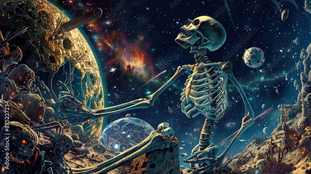 Surreal space scene featuring a skeleton amidst asteroids and planets ...