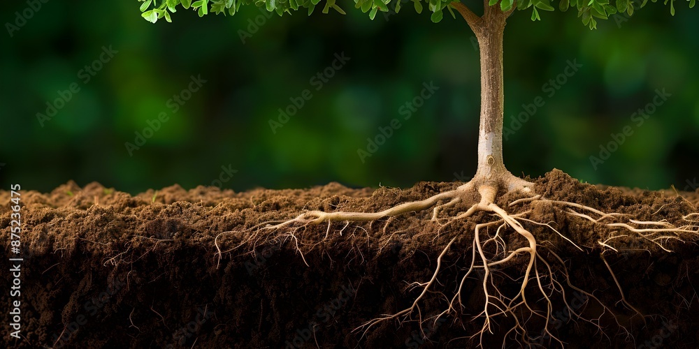 Tree roots absorb water from deep soil layers for hydration. Concept ...