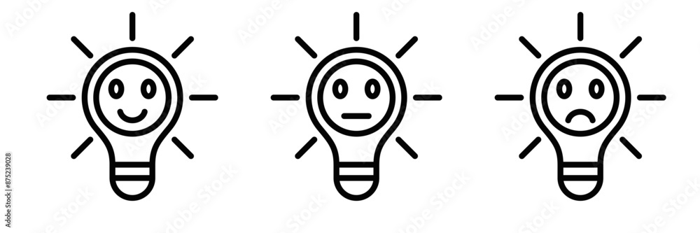 Vector icons of lightbulbs with three different emotions (happy ...