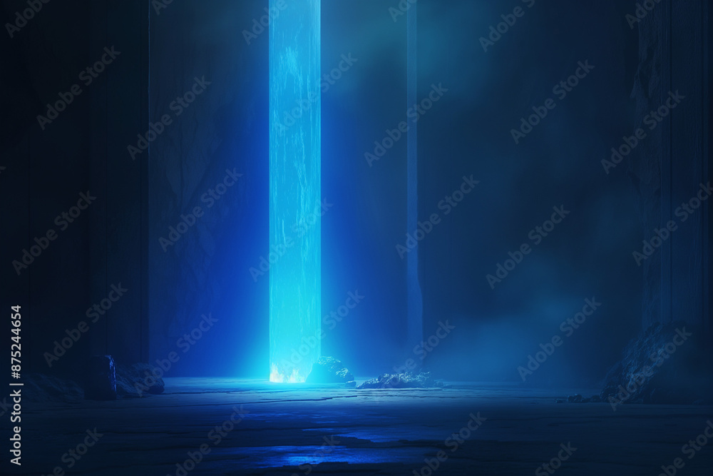 Glowing blue portal in a dark room, rendered in 3D illustration. This ...