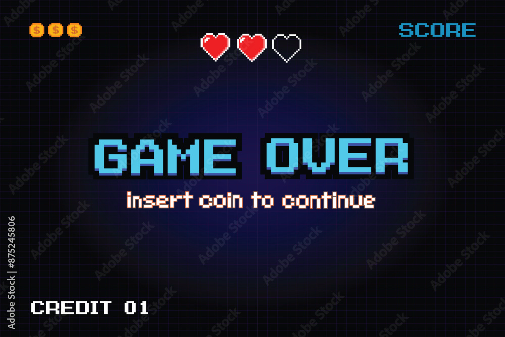 GAME OVER. insert coin to continue. pixel art .8 bit game. retro game ...