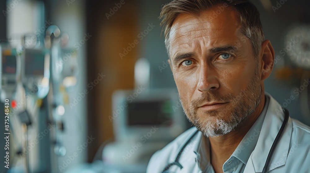 Realistic and cinematic image of a doctor by a hospital bed, checking ...