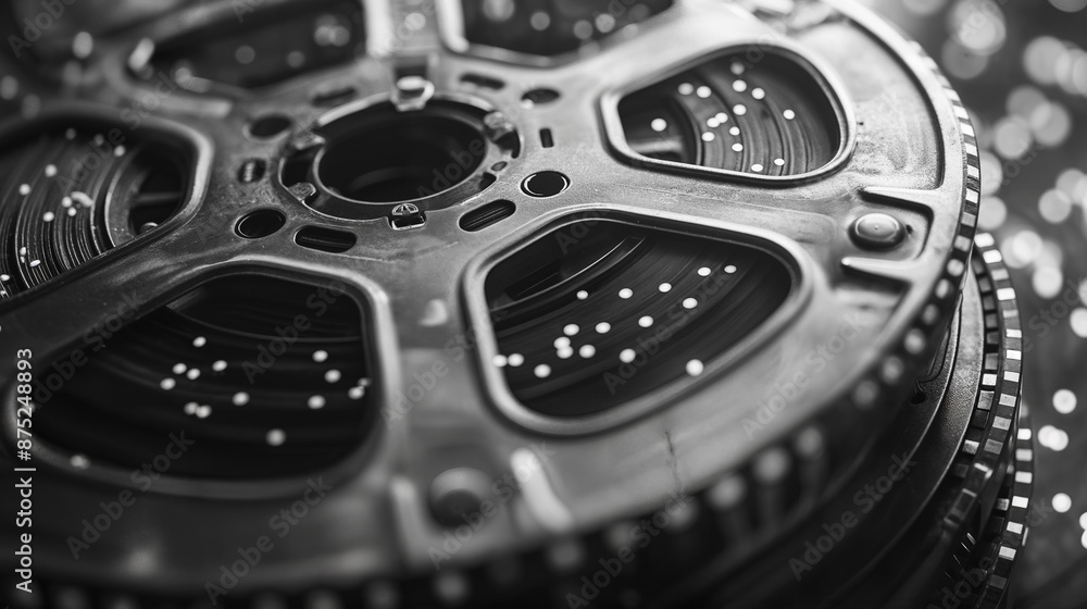 Black and white photo of a movie projector. Rolls of 35mm black and ...