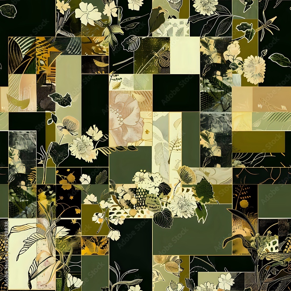 Staggered Grid Patchwork with Nature-inspired Floral Elements Stock ...