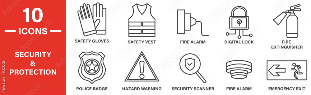 Security and protection icon set. Includes safety gloves, safety vest ...