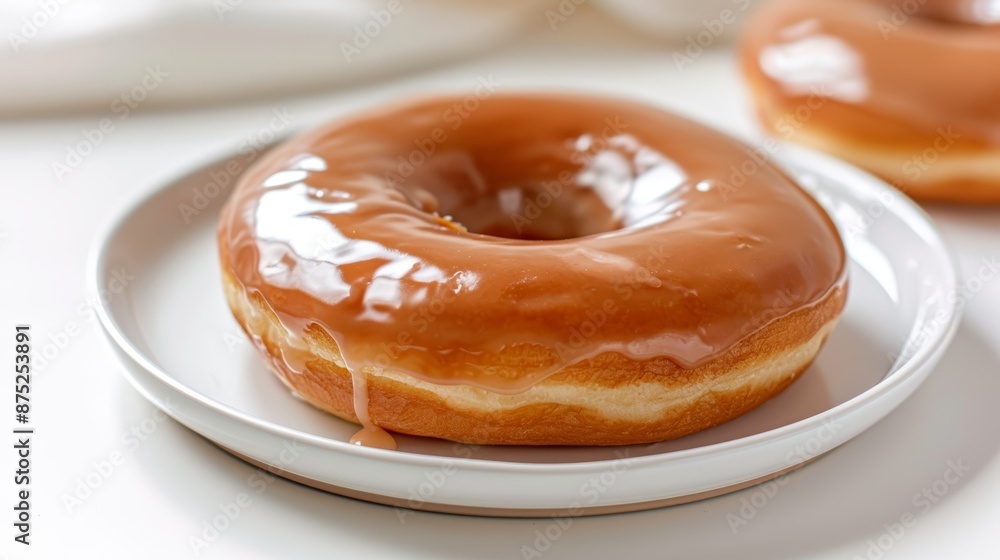 Luscious glazed doughnut on a white ceramic plate, cinematic food ...
