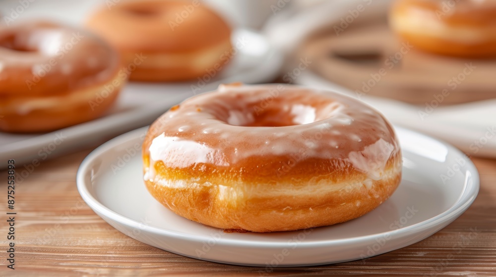 Luscious glazed doughnut on a white ceramic plate, cinematic food ...